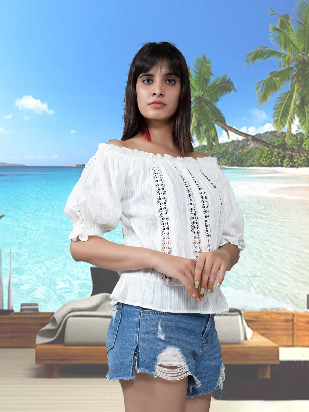 OFF SHOULDER STRIP LACE INSERT FRONT OPEN TOP
